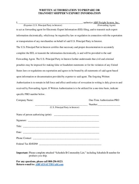 Fillable Online Written Authorization To Prepare Or Transmit Shippers Export Fax Email