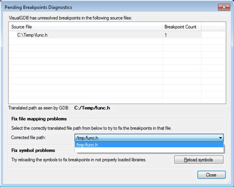 VisualGDB Breakpoint Diagnostics