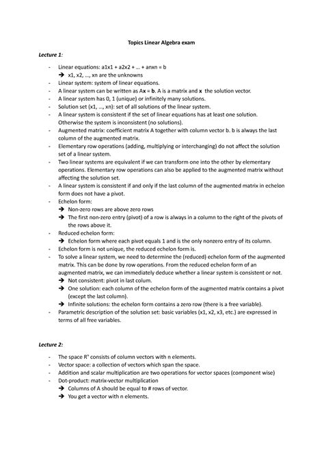 topics linear algebra exam topics linear algebra exam lecture 1