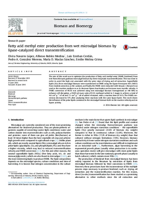 Pdf Fatty Acid Methyl Ester Production From Wet Microalgal Biomass By Lipase Catalyzed Direct