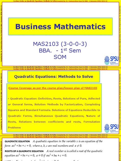 Quadratic Equations Methods To Solve Bba I Sem 2022 Batch Pdf