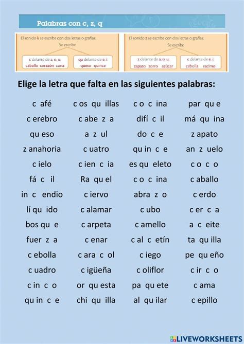Palabras con c, z, qu worksheet | Ortografia española, Nivel educativo, Gramática española