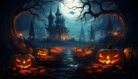 Premium Ai Image Haunted House Pumpkin Patch At Night By Full Moon Light