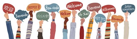 다른 나라와 대륙에서 온 다문화 사람들이 다양한 국제 언어로 된 텍스트 Welcome와 함께 말풍선을 들고 있습니다 Communicationcommunity 다양성