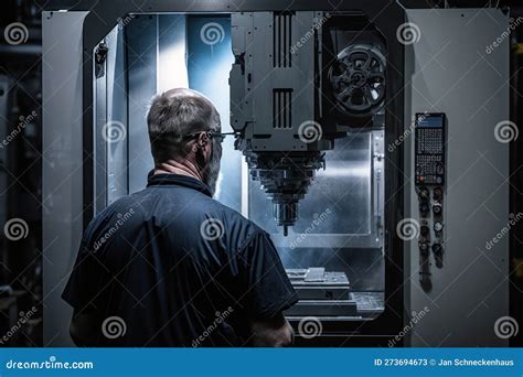A Worker From Behind Operates A Highly Modern CNC Milling Machine Royalty Free Stock