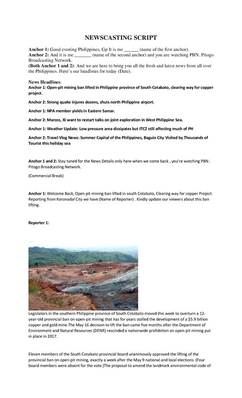 Newscasting Script Newscasting Script Anchor 1 Good Evening