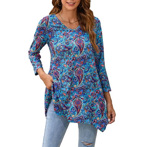 Enmain Tunic Tops For Women Paisley 3 4 Sleeve V Neck Shirts Casual Swing Flare Blue Ladies