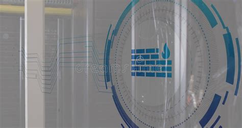 Image Of Firewall Icon Over Round Scanner Against Computer Server Room