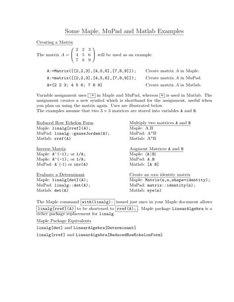 Some Maple MuPad And Matlab Examples