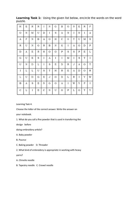 Learning Task 1 Just A Try Learning Task 1 Using The Given List Below Encircle The Words