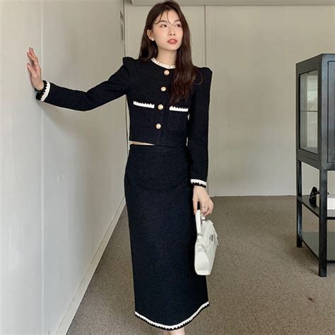 가을신상가을하객룩 블랙 배색 프릴 긴팔 퍼프 트위드 자켓 롱스커트 투피스셋업 S~xl 정장세트 트위드세트 슬림핏 H라인 힙스커트 가을투피스 오피스룩 44~66