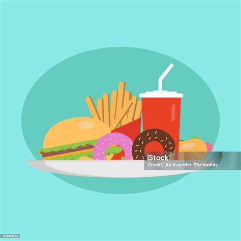 패스트 푸드 개념입니다 햄버거 핫도그 도넛 그리고 콜라와 플레이트 일러스트 레이 션 감자 요리에 대한 스톡 벡터 아트 및 기타 이미지 Istock