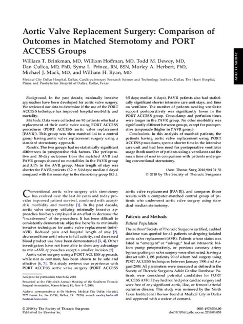 Pdf Aortic Valve Replacement Surgery Comparison Of Outcomes In Matched Sternotomy And Port