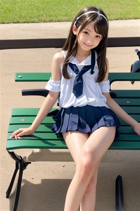 ベンチに座っている制服を着たアラビアのアジア人少女 Seaart Ai