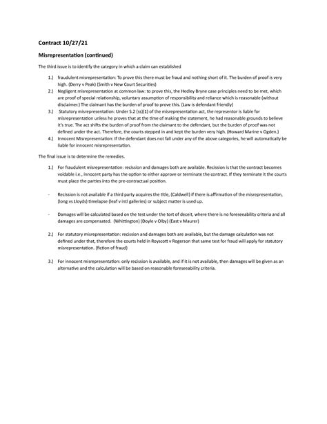 Contract Law Lecture Misrepresentation Contract Misrepresentation Continued The