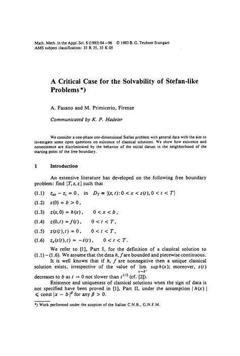 Pdf A Critical Case For The Solvability Of Stefan‐like Problems