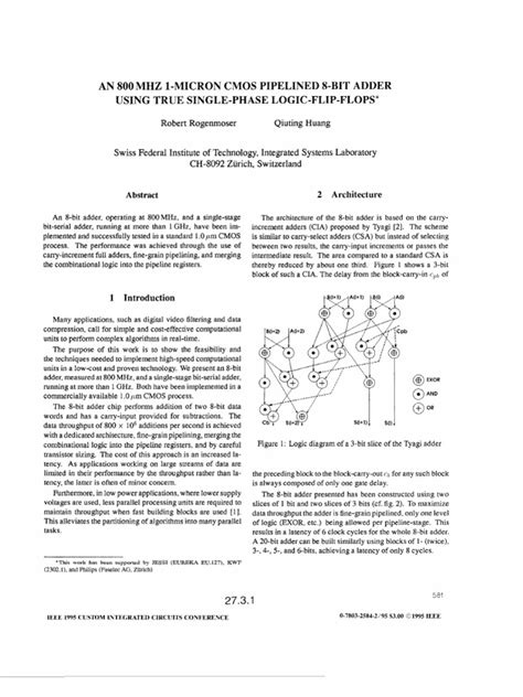 Mhz 1 Micron Cmos Pipelined 8 Bit Adder Using True Single Phase Logic
