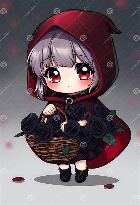 Adorable Chibi Girl In Red Hood Carrying Black Roses Stock Illustration