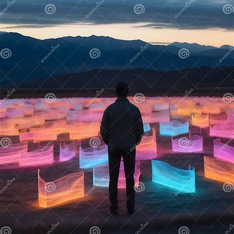 image of someone stands by an empty field abstract neon structures in the style of