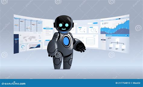 Black Robot Analyzing Statistics Financial Data On Virtual Boards