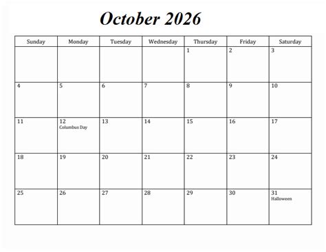 Printable Free October 2026 Calendar With Holidays