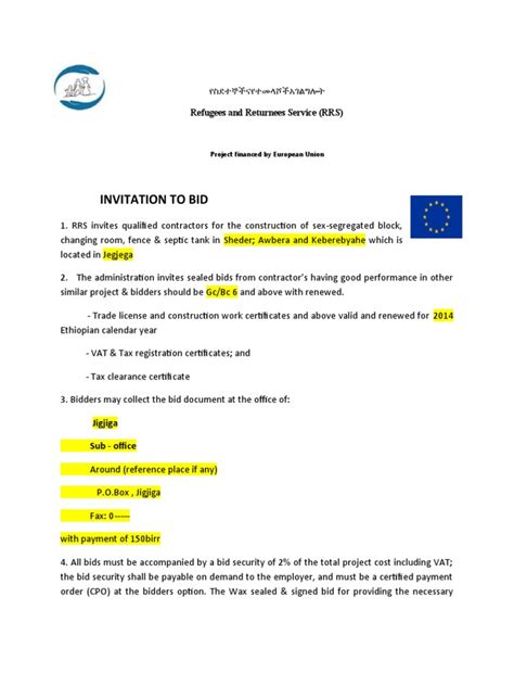 Invitation To Bid For The Construction Of Sex Segregated Facilities And