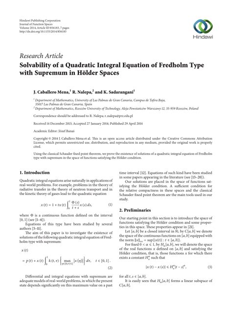 Pdf Solvability Of A Quadratic Integral Equation Of Fredholm Type With Supremum In Holder Spaces