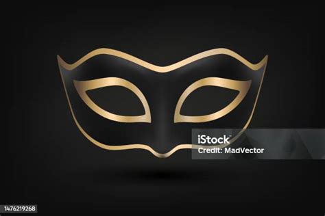 벡터 3d 현실적인 검은 색과 황금색 카니발 얼굴 마스크는 검은 배경에 있습니다 파티용 마스크 가장 근접 촬영 마스크의 디자인