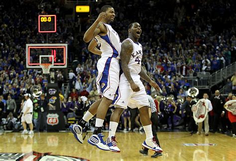 Jayhawks Jump Kansas Jayhawks Players Marcus Morris Left And Sherron Collins Celebrated Their