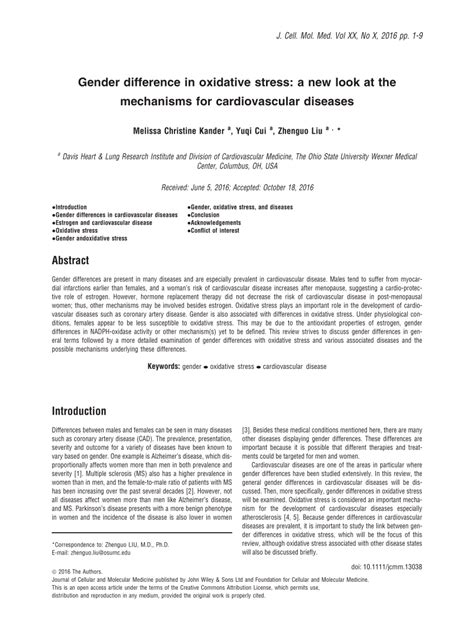 PDF Gender Difference In Oxidative Stress A New Look At The Mechanisms For Cardiovascular