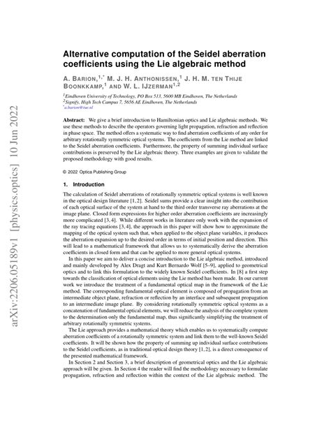Pdf Alternative Computation Of The Seidel Aberration Coefficients Using The Lie Algebraic Method