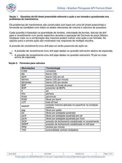 Ex 0049 Drilling Brazilian Portuguese Api Formula Sheet Pdf Pressão