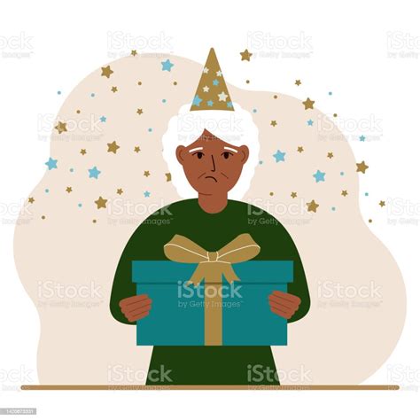 축제 모자를 쓴 할머니는 활이 달린 큰 선물 상자를 들고 있습니다 놀라움에 대한 스톡 벡터 아트 및 기타 이미지 놀라움 디자인 벡터 Istock