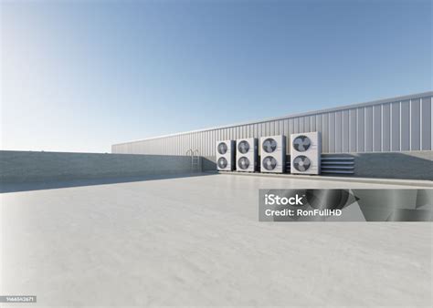 산업 플랜트 공장의 옥상에 있는 응축기 장치 또는 압축기의 3d 렌더링 Ac 또는 에어컨 Hvac 또는 난방 환기 및 에어컨 시스템 장치 모터 펌프 및 팬 내부 지붕에 대한