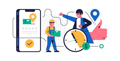 온라인 소포 배달 서비스 개념 모바일 앱 개념 디스플레이에 소포 배달 응용 프로그램과 전화 주문 상자 행복한 남자 기호처럼 손으로 택배 플랫 벡터 일러스트레이션 가공의