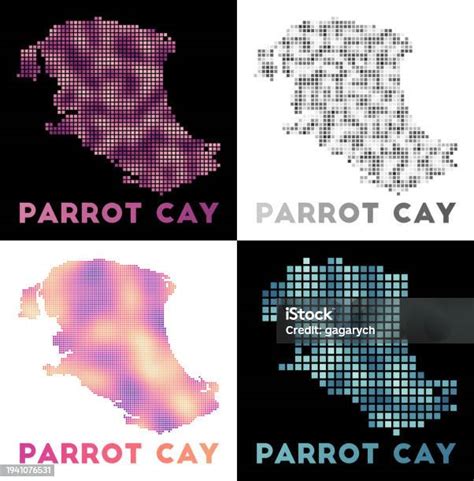 앵무새 케이 지도 점선 스타일의 Parrot Cay지도 모음 디자인을 위해 직사각형으로 채워진 섬의 테두리 벡터 일러스트 레이 션입니다 0명에 대한 스톡 벡터 아트 및 기타