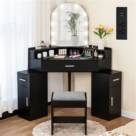Usikey Corner Vanity Set With Fan Shaped Mirror And Charging Station