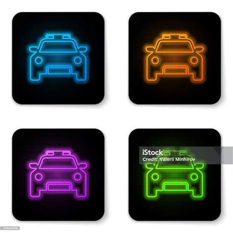 네온 경찰 차와 경찰 점멸 아이콘 흰색 배경에 고립 빛나는 비상 점멸 사이렌 검은색 사각형 단추입니다 벡터 일러스트 감시에 대한