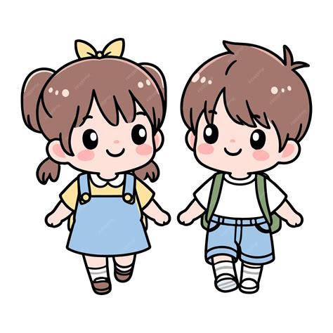 귀여운 아이들 커플 행복한 발렌타인 만화 캐릭터 일러스트 프리미엄 벡터