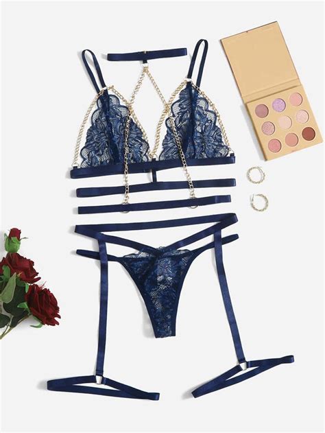 Azul eléctrico Sexy Collar Liso Conjunto sexy Embellished Elástico Ligero Ropa Interior de Mujer