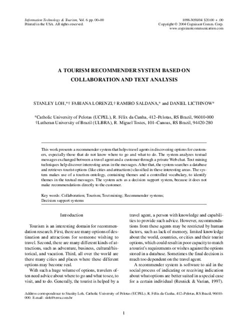 Pdf A Tourism Recommender System Based On Collaboration And Text Analysis