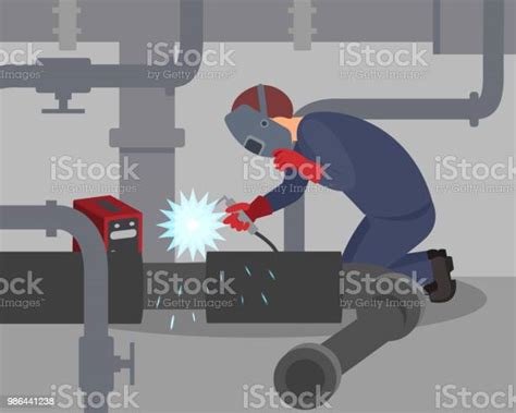 작업자는 지하실에 큰 금속 파이프를 용접 직장에서 전문 용접기입니다 보호 마스크와 장갑에 남자입니다 평면 벡터 디자인 날씨에 대한 스톡 벡터 아트 및 기타 이미지 Istock