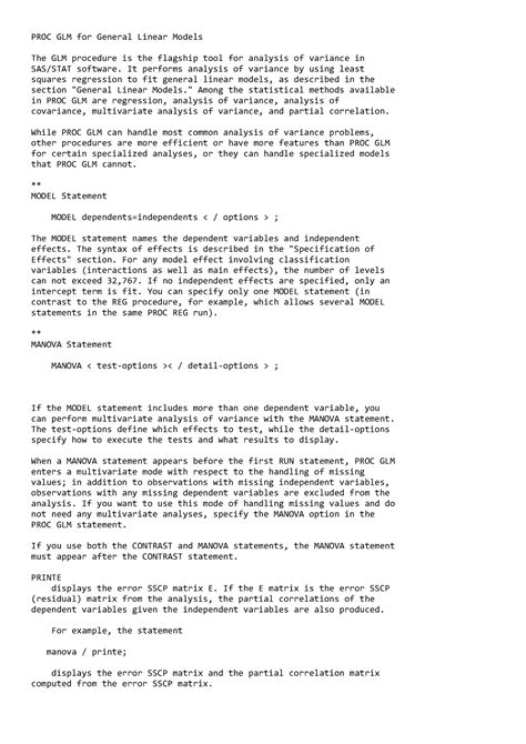 PROC GLM For Partial Correlation PROC GLM For General Linear Models The GLM Procedure Is The