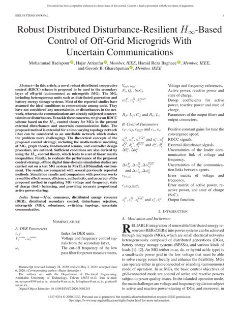 Pdf Robust Distributed Disturbance Resilient H∞ Based Control Of Off Grid Microgrids With