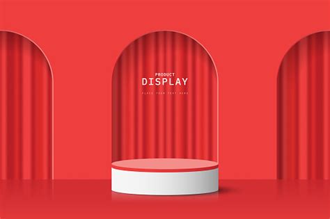 흰색 빨간색 3d 실린더 연단 받침대는 세 개의 아치 문과 커튼 배경 앞에 현실적으로 배치됩니다 모형 또는 제품 프레젠테이션을 위한 최소한의 장면 3d 벡터 기하학적 형태