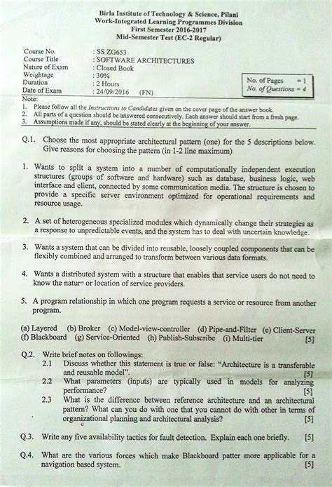 Coding Tech Life Software Architectures Mid Semester Examination Regular Question Paper