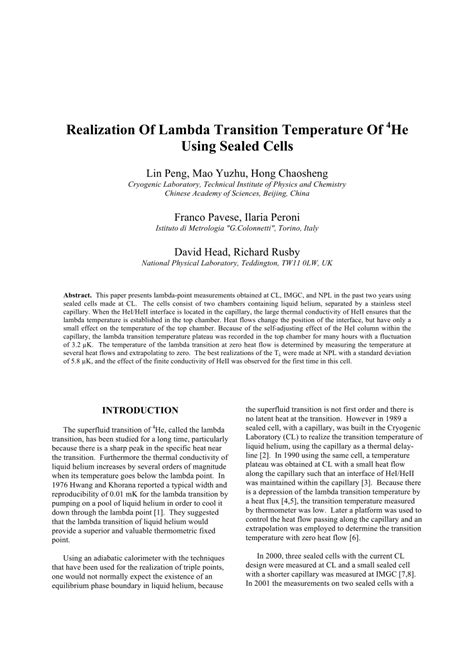 Pdf Realisation Of Lambda Transition Temperature Of 4he Using Sealed