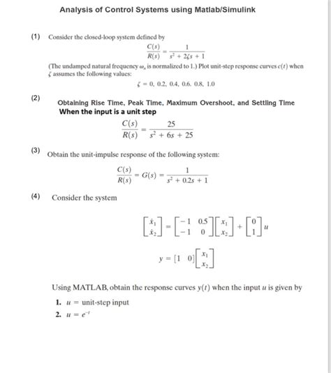 Solved Analysis Of Control Systems Using Matlabsimulink Consider The 1 Answer
