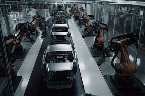 A Group Of Cobots Assembling A Car On An Assembly Line Stock