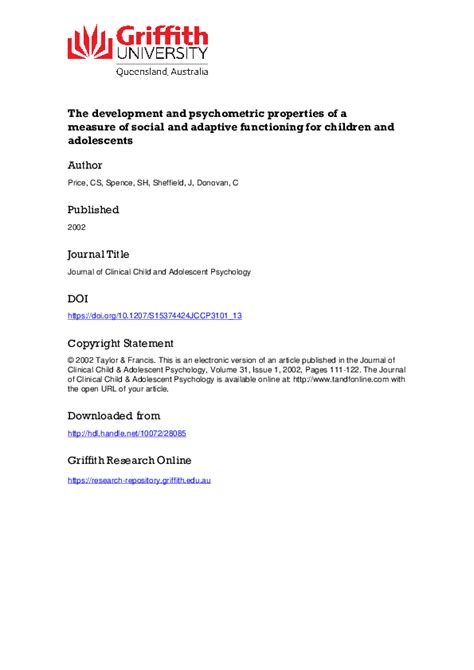 Pdf The Development And Psychometric Properties Of A Measure Of Social And Adaptive